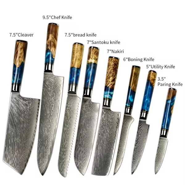8 Piece Damascus Steel with Blue Resin Handle Kitchen Knife Set – Steel ...